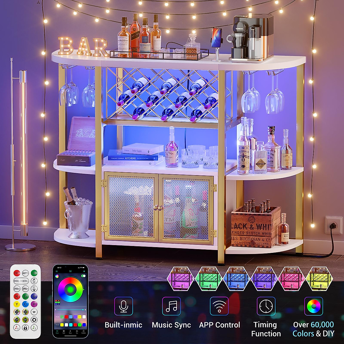 Unikito Gold Liquor Bar with LED Light, Wine Cabinet with Outlet, Freestanding Wine Rack Table with Door, Coffee Bar Cabinet for Liquor and Glass, Floor Bar Table Stand with Wine Storage Rack, White