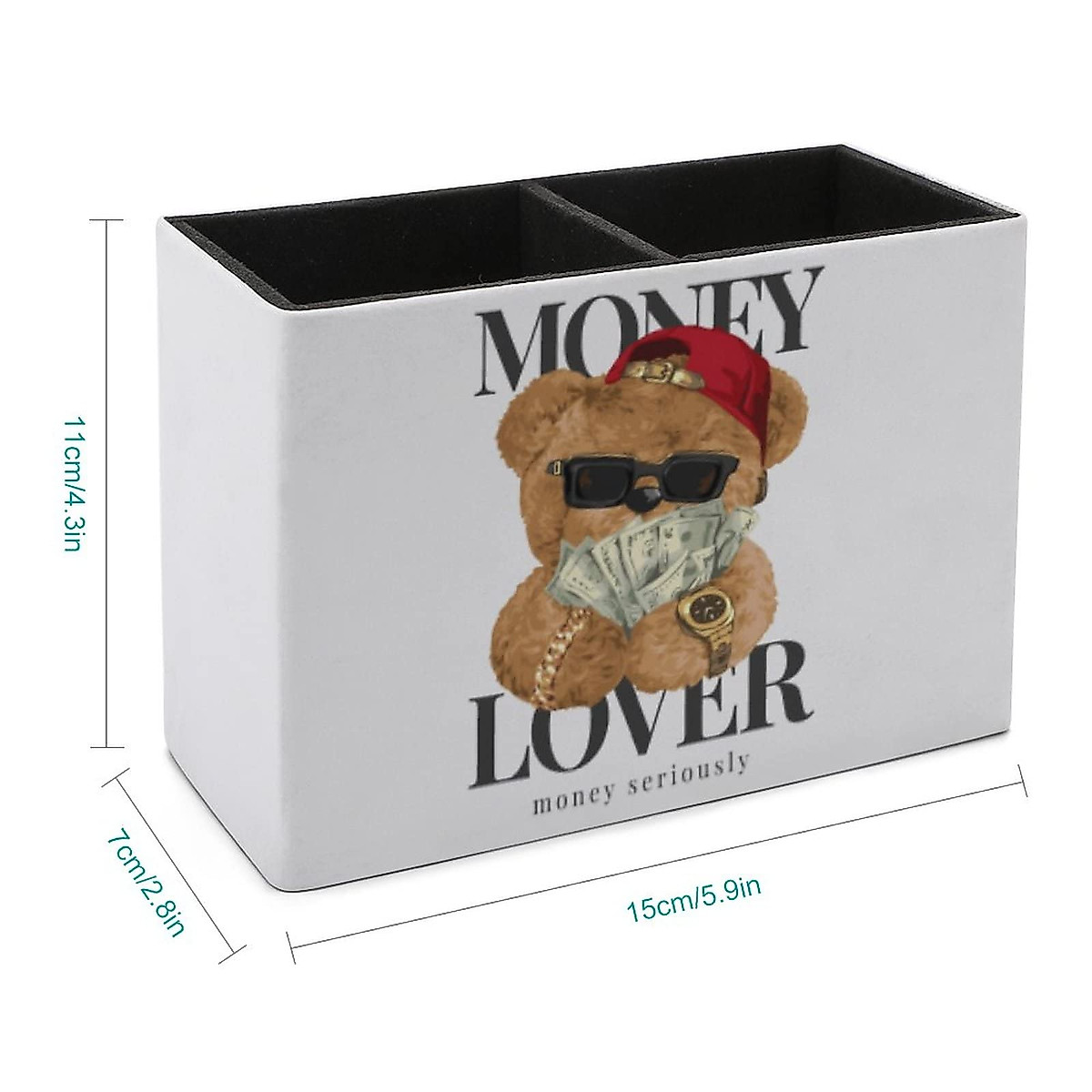 Niapessel Pencil Holder for Desk, Money Lover Slogan with Bear Pen Holder Storage Desktop Pen Organizer Desk Pencil Organizer Makeup Brush Holder for Office School College Leather