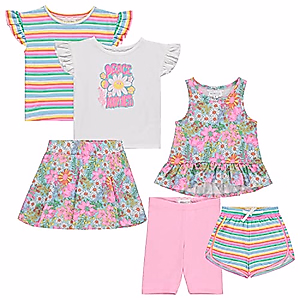 BTween Girls 6-Pack Peace Happiness Outfit Set w/Ruffle Sleeve Tees, Peplum Tank Top, Skirt, Dolphin & Biker Shorts/7-8