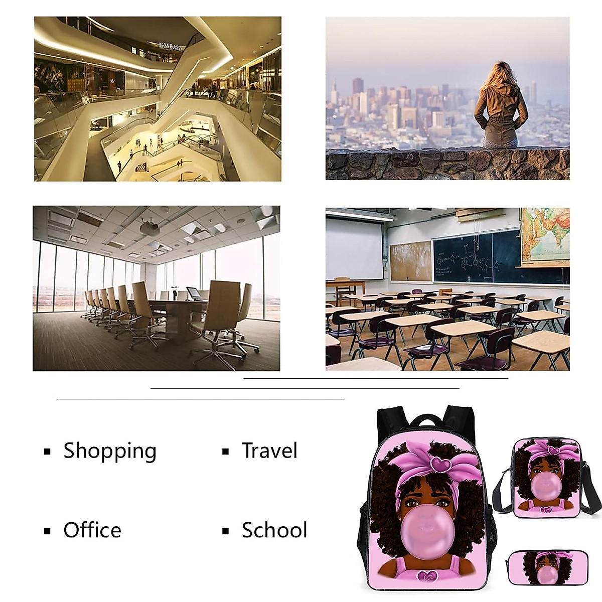 AHHXQQN African girl three piece backpack set cute black girl backpack suitable for teenage female students 16 inches