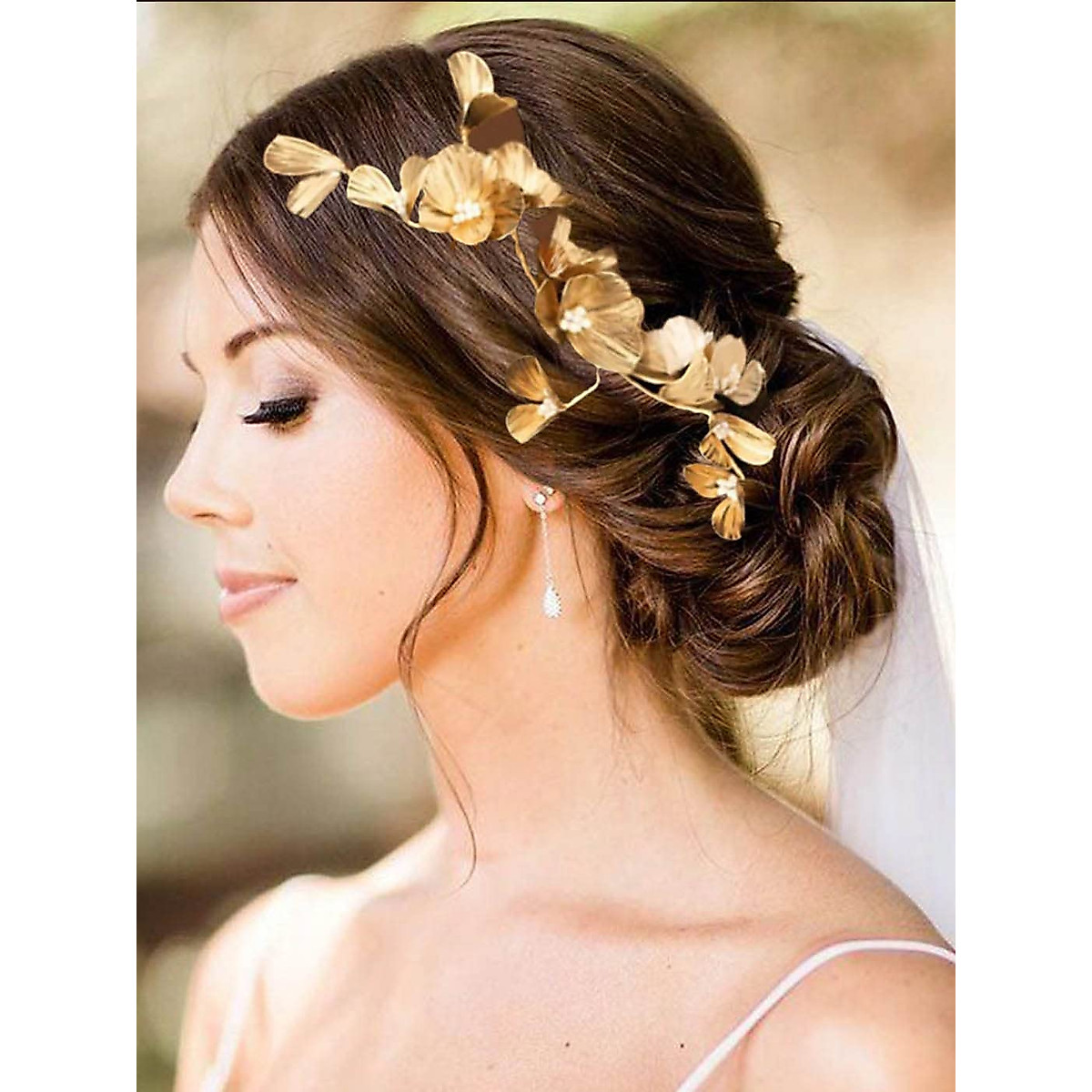 Catery Flower Bride Headband Gold Petal Hair Vine Pearl Bridal Headpiece Floral Golden Leaf Hair Piece Wedding Hair Accessories for Women and Girls