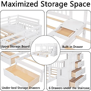 Harper & Bright Designs Triple Bunk Beds with Drawers, Wood Full Over Twin & Twin Bunk Bed with Storage Staircase, Triple Bed for Kids,3 Bed Bunk Beds with Storage for Girls Boys,White