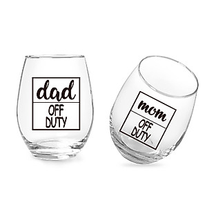 Jogskeor Mom Off Duty Dad Off Duty Stemless Wine Glass Set, New Parents Gifts, First Time Parents Gifts for Couples, Mommy Daddy, New Dad Mom, Best Gift for expecting Mother and Father, 15oz