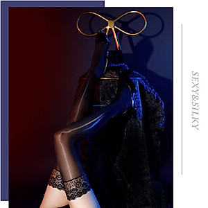 RUIBAVYA Shiny Thigh High Stockings 5D Peacock Lace Silicone Silk Stockings Sheer Thigh High Nylon Stay Up