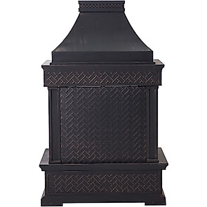Sunjoy Outdoor Fireplace, Heirloom Patio Wood Burning Steel Fireplace with Chimney, Spark Screen, Fire Poker, and Removable Grate, Black