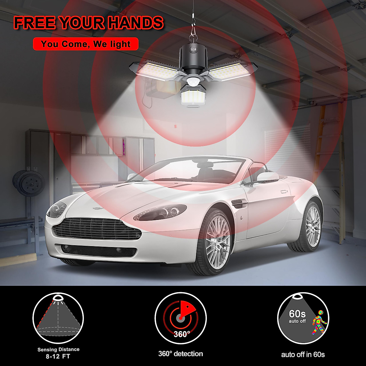 Craftersmark Plug in Garage Light Motion Sensor, 80W 8000LM Motion Sensor Light Indoor, Deformable LED Shop Light, Motion Activated Garage Lights Bulb for Garage, Warehouse, Barn(1 Pack)