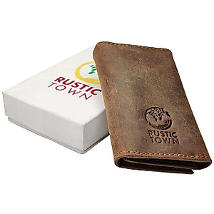 RUSTIC TOWN Slim Compact Leather Key Holder Wallet Pouch Gifts Him Her Men and Women (Brown)