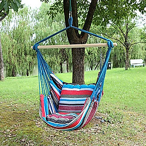 Blissun Hanging Hammock Chair, Hanging Swing Chair with Two Cushions, 34 Inch Wide Seat Blue & Green Stripes (Cool Breeze)