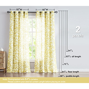 Treatmentex White and Yellow Leaf Curtains for Living Room 72" Length Print Semi-Sheer Curtains for Kitchen Windows, Mustard Yellow, Grommet Top, 2 Pack