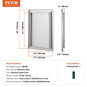 VEVOR BBQ Access Door 17W x 24H Inch, Vertical Single BBQ Door Stainless Steel with Recessed Handle, Outdoor Kitchen Doors for BBQ Island, Grill Station, Outside Cabinet