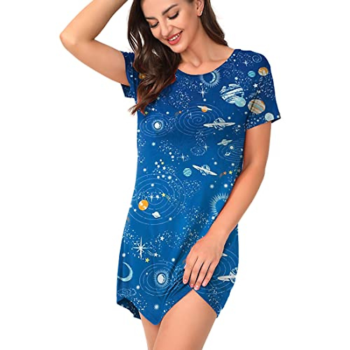 MINANUO Summer Short Sleeve Nightgowns for Women Adults Soft Maternity Sleepwear Petite Night Shirt Womens Loungewear Ladies Cozy Sleepshirt Nightwear(Blue Space, S)