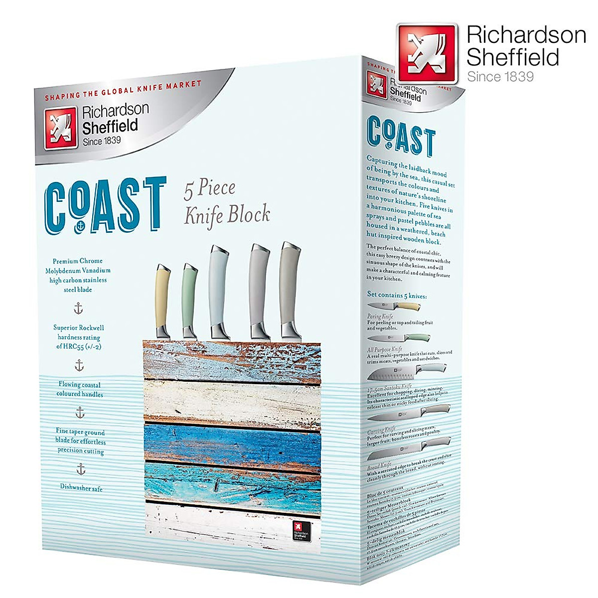 RICHARDSON SHEFFIELD Coast 5 Piece Kitchen Knife Block Set, Multi-Colour, 18 x 10 x 37.6 cm
