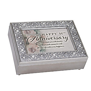 Cottage Garden Happy 55th Anniversary Brushed Pewter Finish Jeweled Music Box Plays Wonderful World