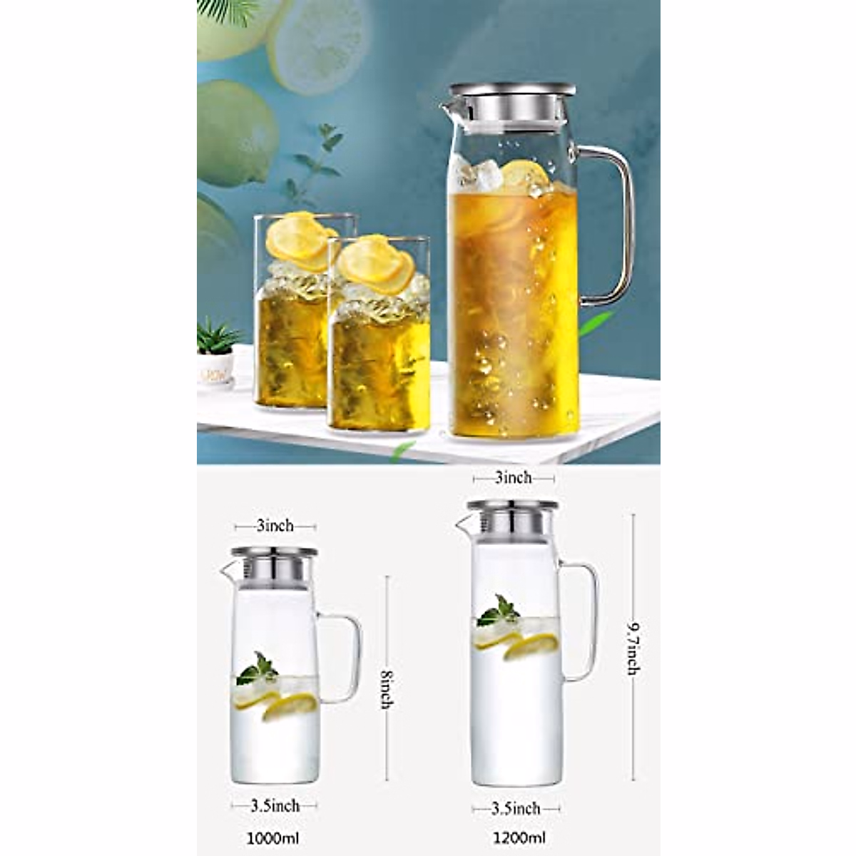 Glass Pitcher with Lid, 34 Oz Heat Resistant Glass Water Carafe with Handle for Fridge, Small Pitcher for Iced Tea, Milk, Hot and Cold Beverage, Glass Juice Jug 1000ML/34oz