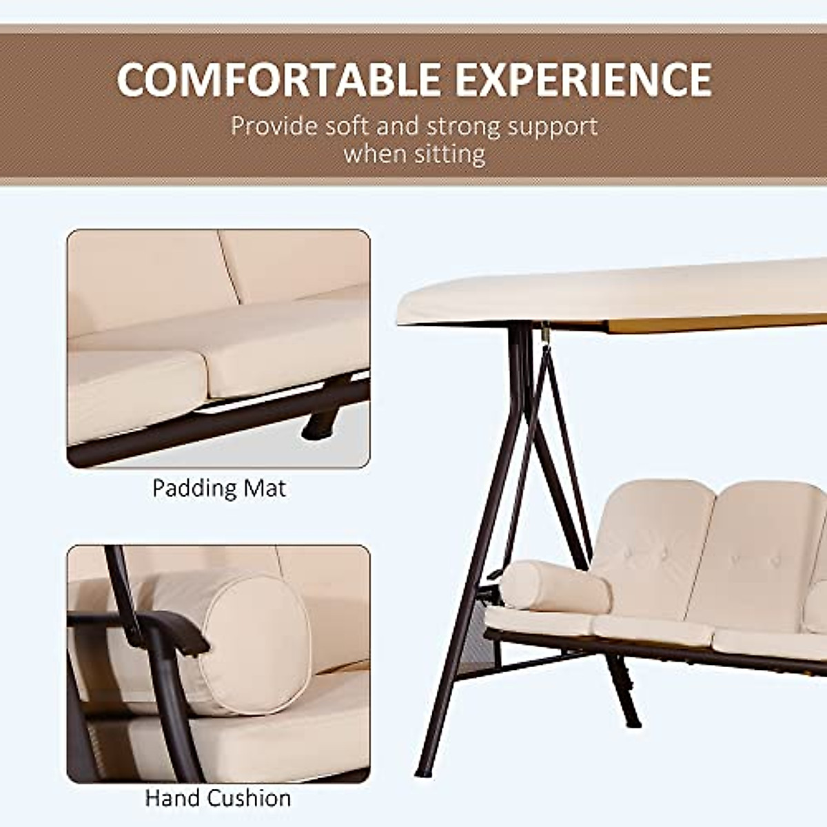 Outsunny 3-Seat Patio Swing Chair, Outdoor Porch Swing Glider with Adjustable Canopy, Removable Cushion, Pillows and Side Trays, for Garden, Poolside, Backyard, Beige