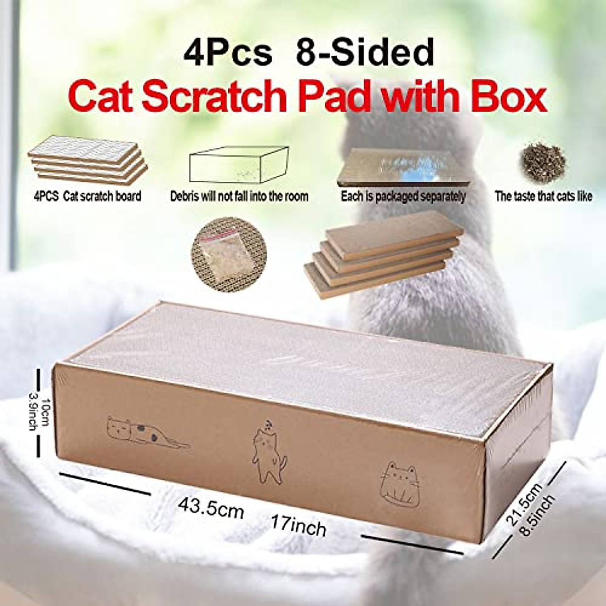 4 Packs in 1 Cat Scratch Pad with Box , Cat Scratcher Cardboard,Reversible,Durable Recyclable Cardboard, Suitable for Cats to Rest, Grind Claws and Play with Scratch Box