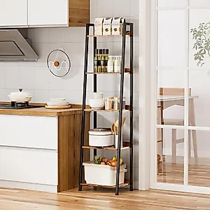 RVHOME 2024 Ladder Shelf, 5-Tier Upgraded Elevated Ladder Bookshelf with Drawer, 63" Ladder Shelf Bookcase, Tall Bookshelf with Steel Frame, Rustic Bookshelf for Living Room, Home Office, Bedroom