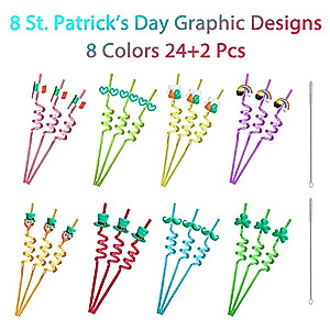 24 St. Patrick’s Day Party Accessories St Patricks Day Favors Shamrock Drinking Straws for Lucky Irish Party Saint Patrick Party Supplies Decorations with 2 PCS Straws Cleaning Brush