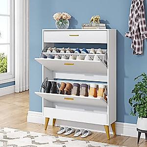 Tribesigns Shoe Cabinet, White Slim Shoe Storage Cabinet for Entryway, Modern 16 Pair Thin Shoe Rack Organizer with 2 Flip Drawers