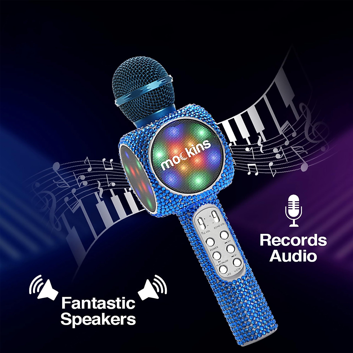 Mockins Blue Bling Karaoke Microphone for Kids | Wireless Mic with Voice Changer & LED Lights | Portable Microphone for Singing w/ Cable & Carry Case