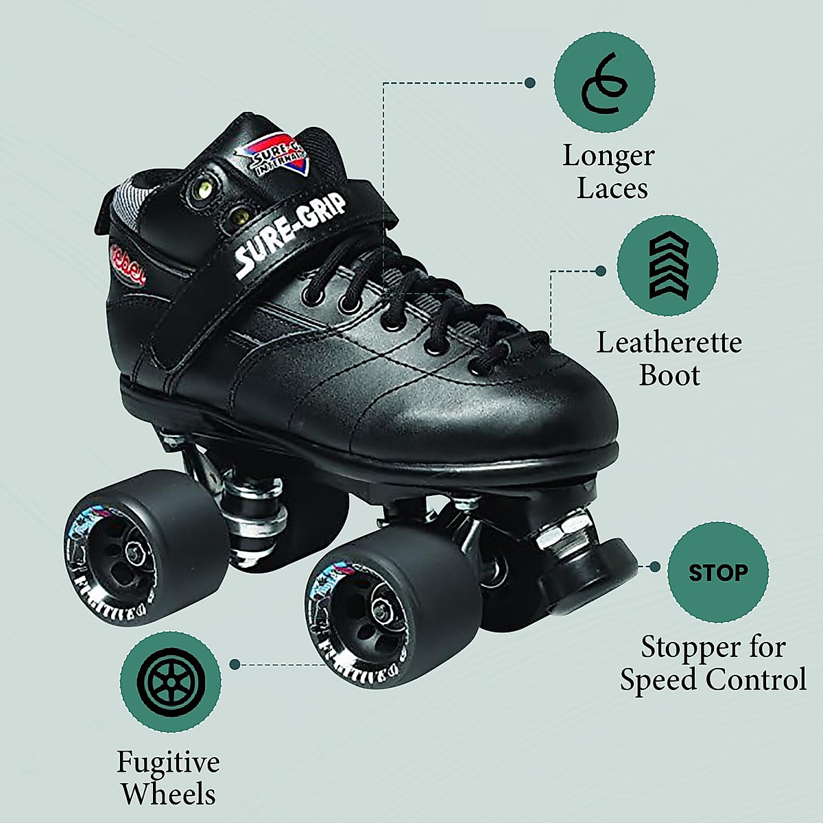 Sure-Grip Rebel Derby Roller Skates for Men & Women - 62mm Fugitive Polyurethane Wheels - Super X Plate Extended Support for Larger Sizes - Suitable for Indoor & Outdoor Skating - Beginner Friendly