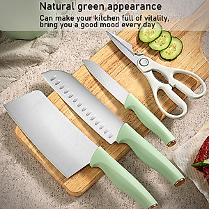 Kitchen Knife Set, 5 Pcs Green Professional Chef Knife Set with Block, Super Sharp Stainless Steel Cooking Knife Set Contains Round Stand, Knives, Scissors for Home Restaurant Apartment