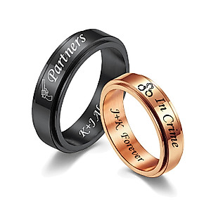 MZZJ Personalized Inside Partners in Crime Couple Ring Set Black Rose Gold Plated Stainless Steel Meditation Spinner Fidget Flat Rings Engagement Wedding Band