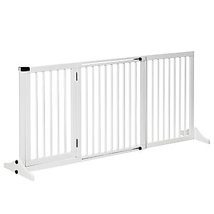 PawHut Adjustable Wooden Pet Gate, Freestanding Dog Fence for Doorway, Hall, 3 Panels w/Safety Barrier, Lockable Door, White, 44.5"-65.25" L x 14.25" H