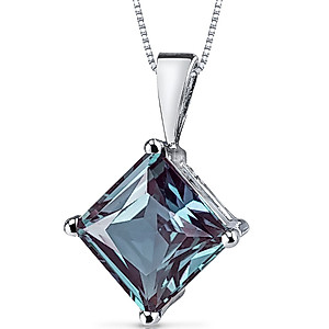 PEORA Created Alexandrite Pendant for Women 14K White Gold, Classic Solitaire, Color-Changing 3 Carats Princess Cut, 8mm