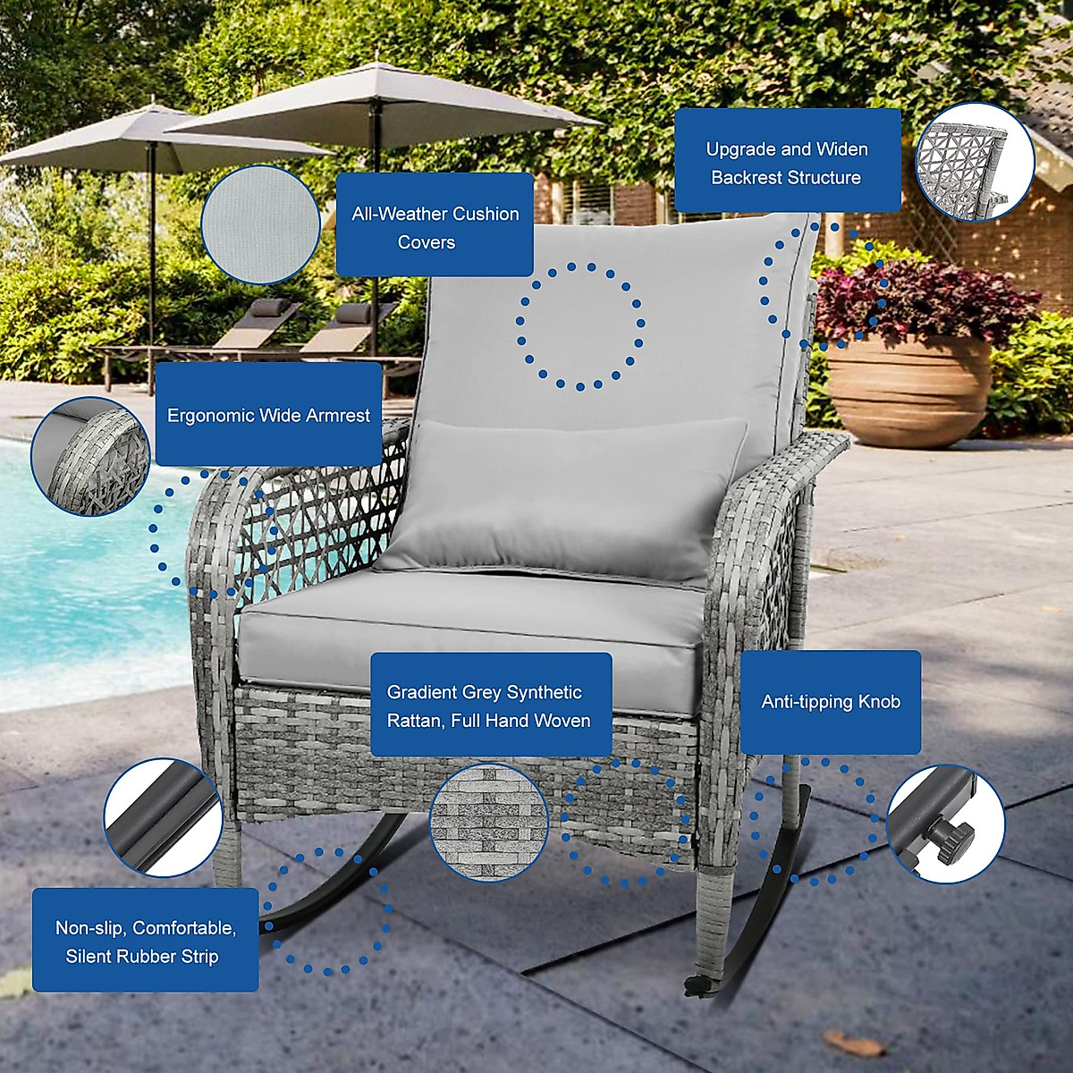 CIRMUBUY 3-Piece Outdoor Furniture Set, Patio Conversation Chair, Wicker Cushioned Patio Rocker with Side Table for Porch, Garden, Poolside & Deck, Light Grey