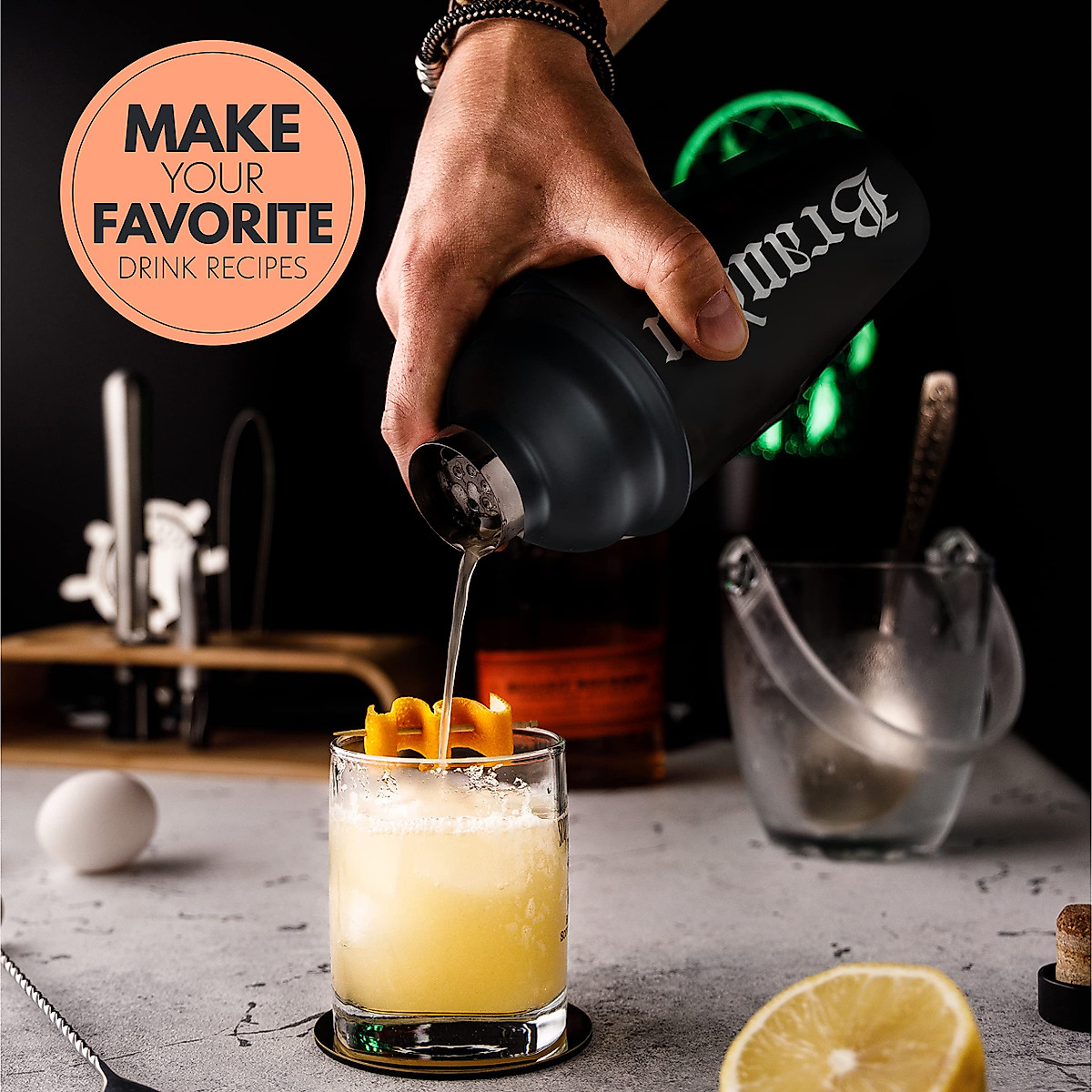 Custom Bartender Kit, Engraved Cocktail Shaker Set, Personalized w/Name, 18 Oz Black Stainless Steel Martini Shaker w/Strainer, Jigger & Spiral Cocktail Spoon, Gifts for Men