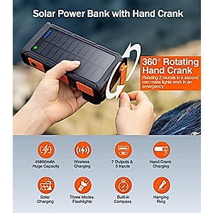 GOODaaa Power Bank Wireless Charger 45800mAh Built in Hand Crank and 4 Cables 15W Fast Charging Power Bank 7 Outputs & 4 Inputs Solar Portable Charger, SOS/Strobe/Strong Flashlights, Compass (Orange)