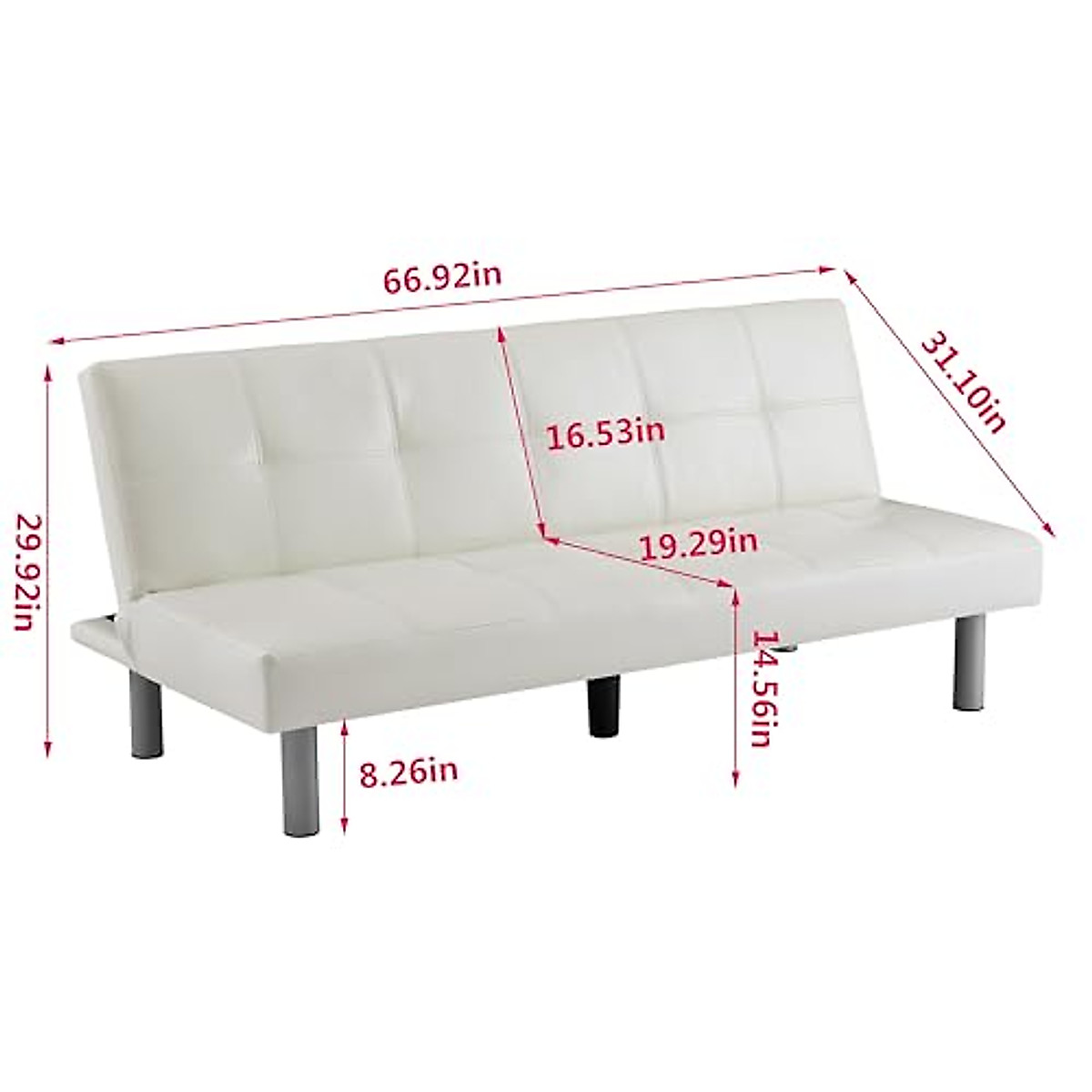 Eafurn Faux Leather Convertible Futon Sofa Adjustable Sleeper Couch Modern Home Recliner Reversible Loveseat Folding Daybed Guest Bed Small Sofabed with Metal Legs for Dorm, Apartment, Beige 66.92"