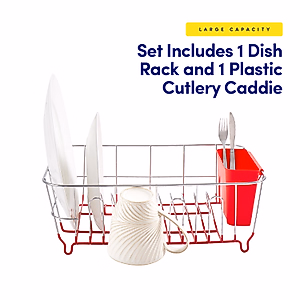 Sweet Home Collection Metal 2 Piece Dish Drying Rack Set Drainer with Utensil Holder Simple Easy to Use Fits in Most Sinks, 14.5" x 13" x 5.25", Red
