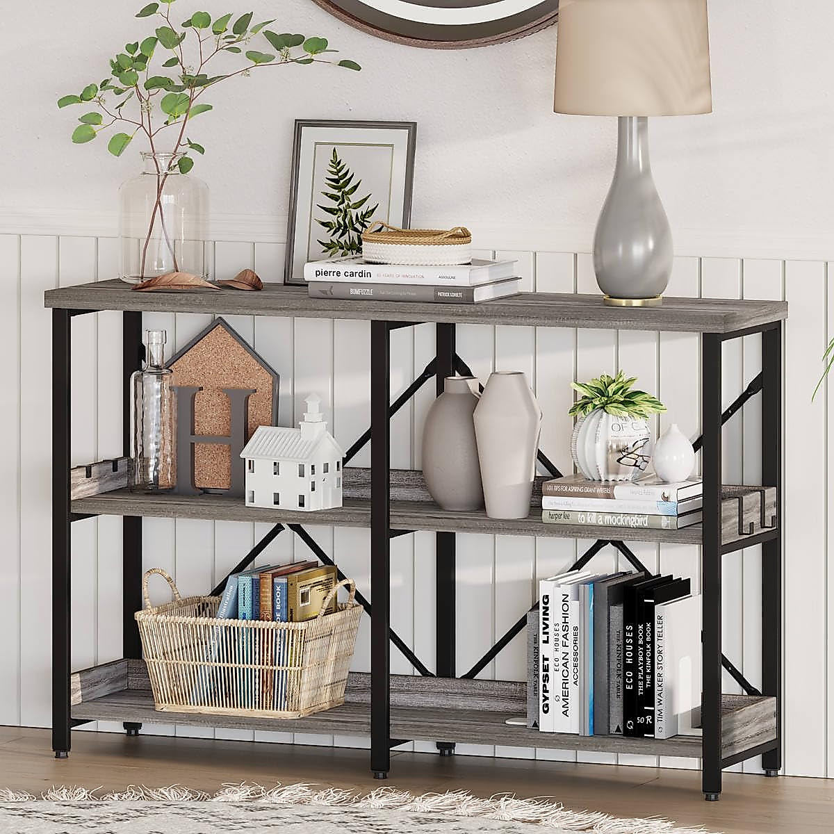 BON AUGURE Industrial Entryway Table and Small 3 Tier Bookshelf, Wood and Metal Furniture Set for Living Room, Bedroom, Kitchen, Home Office (Dark Grey Oak)