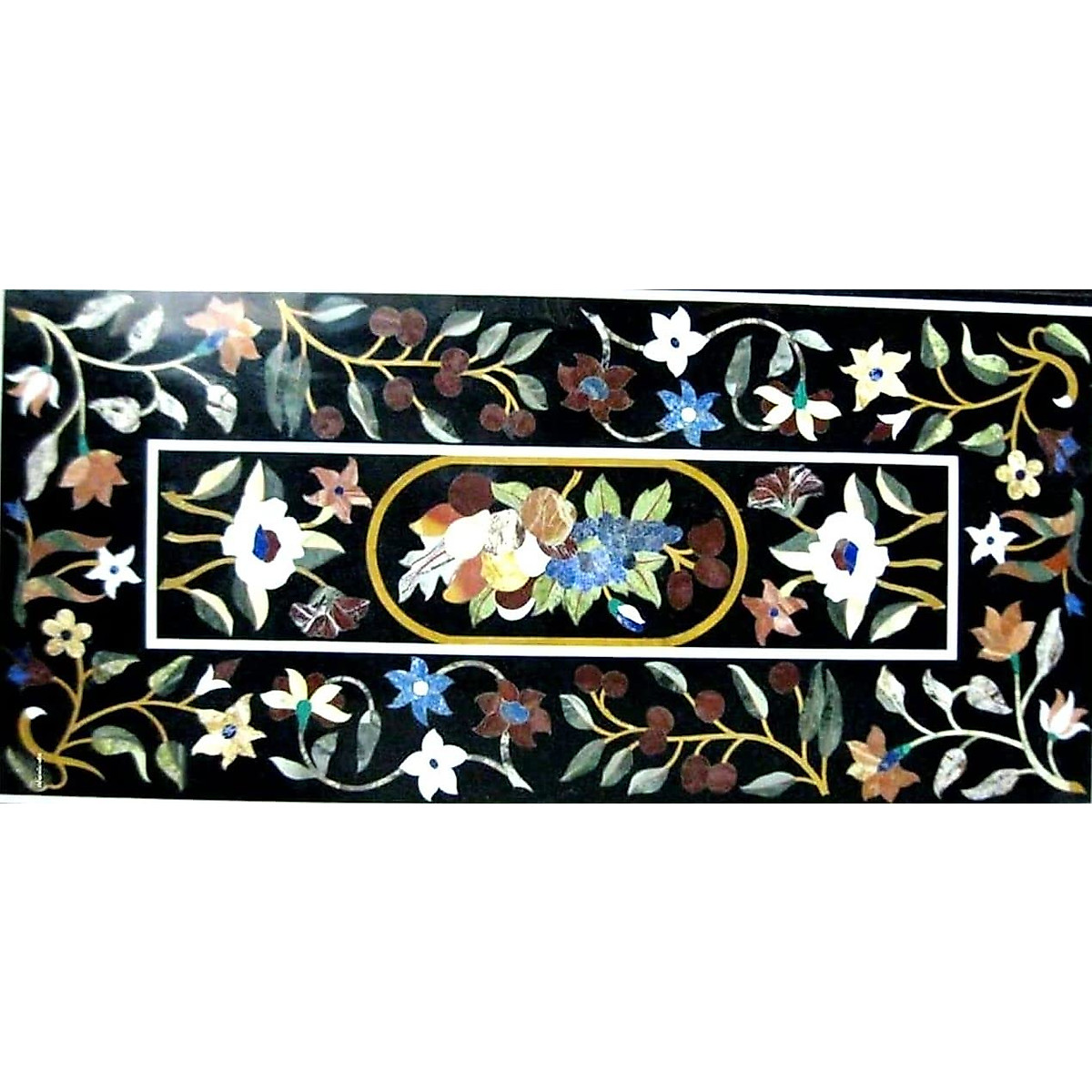 48" x 24" Inch Natural Black Marble Dining Table Pietra Dura Floral Marquetry Patio Table, Outdoor Furniture Table, Italian Style Table