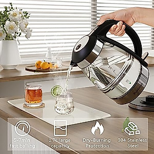 Evoloop Electric Tea Kettle 1.7L Hot Water Boiler, 1500W Glass Water Kettle with Auto Shut-Off & Boil Dry Protection, BPA Free, Cordless Base & LED Indicator