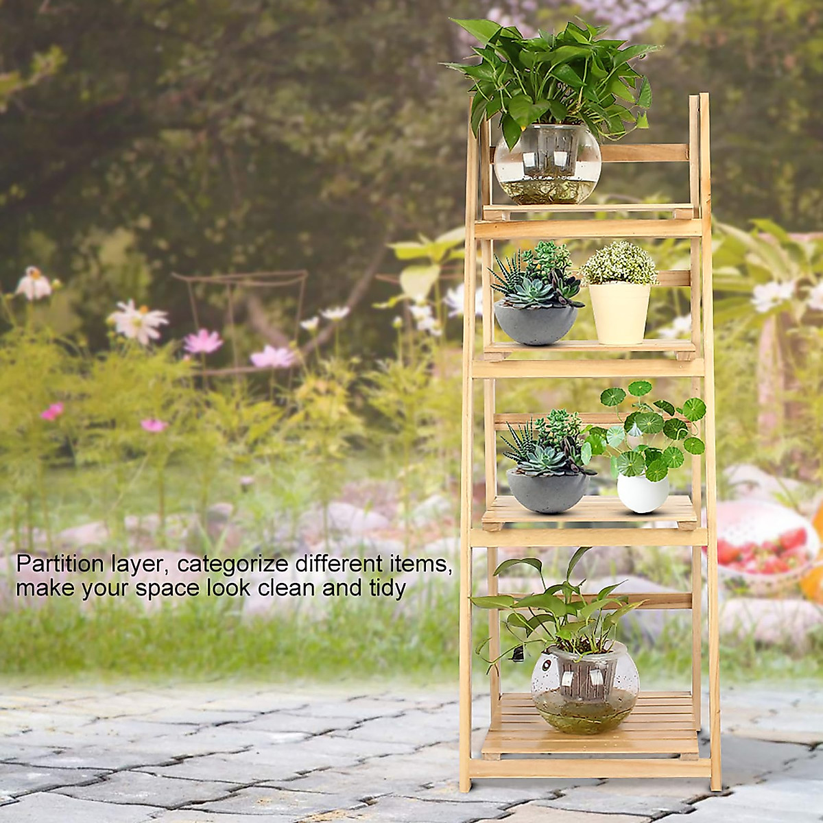 Qcwwy Practical and 4 Tier Ladder Shelving - Foldable Storage Rack for Home Bookcase Stand (Log Color), Qcwwyrodt0vns36-03