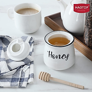HAOTOP Farmhouse Porcelain Honey Jar with Dipper and Lid Set 12oz,Easy to Clean (White)