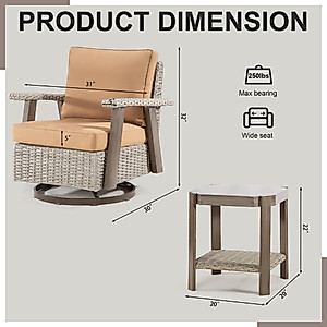 Joyside Outdoor 360 Degree Swivel Rocker Patio Chairs Sets of 2 and Matching Side Table - 3 Piece Wicker Patio Bistro Set with Premium Fabric Cushion(Grey/Camel)