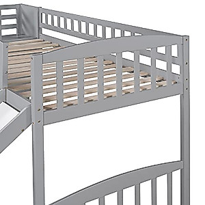 HABUHOME Twin Size Low Loft Bed with Convertible Slide, Stairs with Two Drawers, Stairway Loftbed Frame, for Kids Boys Girls, Gray