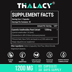 Thalacy 1200MG Beta Ecdysterone Supplement, 98% Maximum Purity Ecdysterone Supplements for Lean Muscle Mass, Athletic Performance & Strength, 60 Capsules