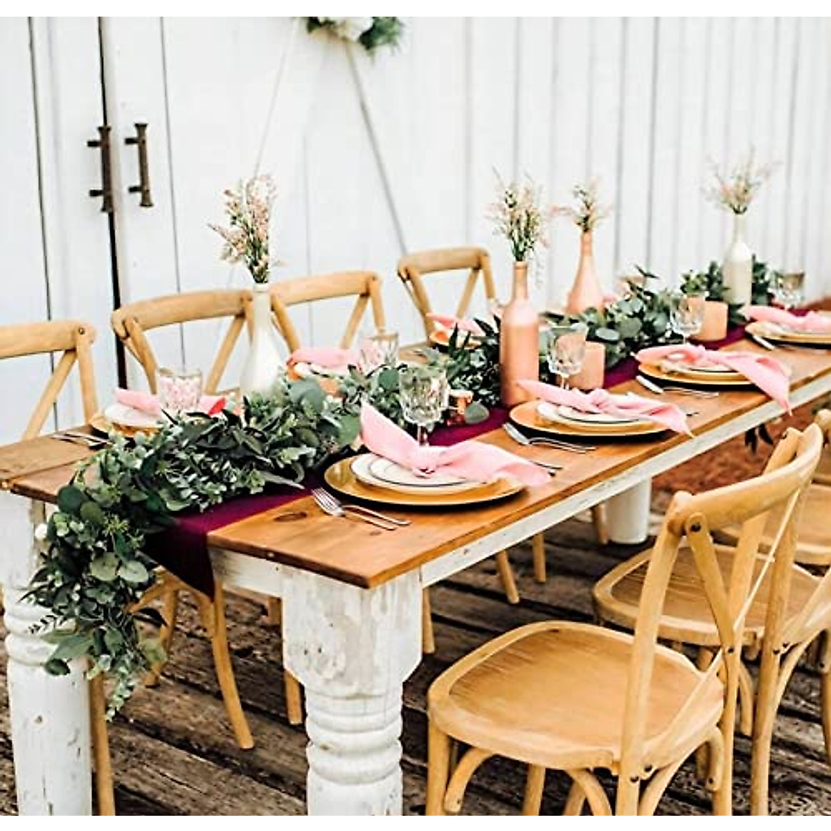 Eucalyptus Garland 6.56 Ft Lush Silver Dollar Eucalyptus Leaves Boxwood Artificial Faux Greenery Garland Vines for Baby Shower Wedding Party Table Runner Room Home Mantle Decor