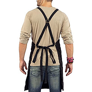 Under NY Sky Cross-Back Deep Black Apron - Durable Twill with Leather Reinforcement and Split-Leg - Adjustable for Men and Women - Pro Chef, Tattoo, Baker, Barista, Bartender, Stylist, Server Aprons