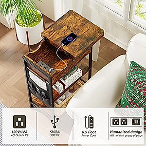 TARKARI Side Table end Table with Charging Station Living Room Narrow end Tables with Storage Bedside Table Flip Top Night Stand USB Ports and outlets Sofa Couch Table for Small Spaces