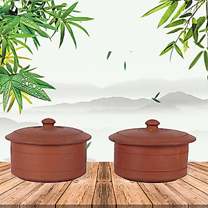 Village Decor handmade earthen clay natural yogurt maker/clay curd pot with lid (1000 ML / 34 OZ - 2 QTY)