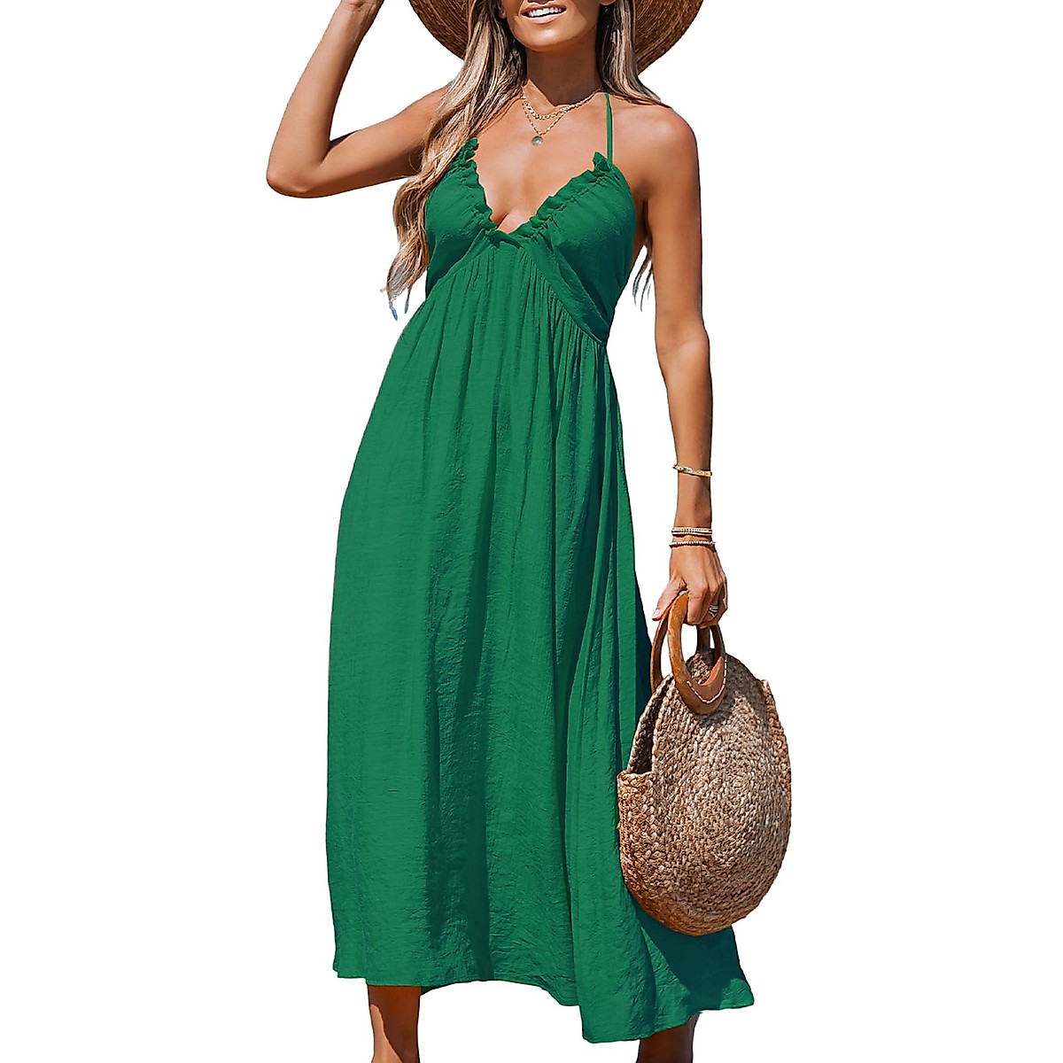 CUPSHE Women's Backless Beach Dress Halter Neck Ruffle Plunge V Neck Sleeveless Maxi Sundress Summer Dresses, Green M