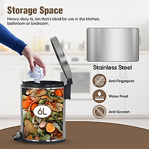 NChanmar Bathroom Trash Can with Lid, 6 Liter / 1.6 Gallon Round Mini Trash Can, Portable Pedal Garbage Can for Kitchen, Office, Stainless Steel Trash Can, Removable Inner Basket, Easy to Clean (2)