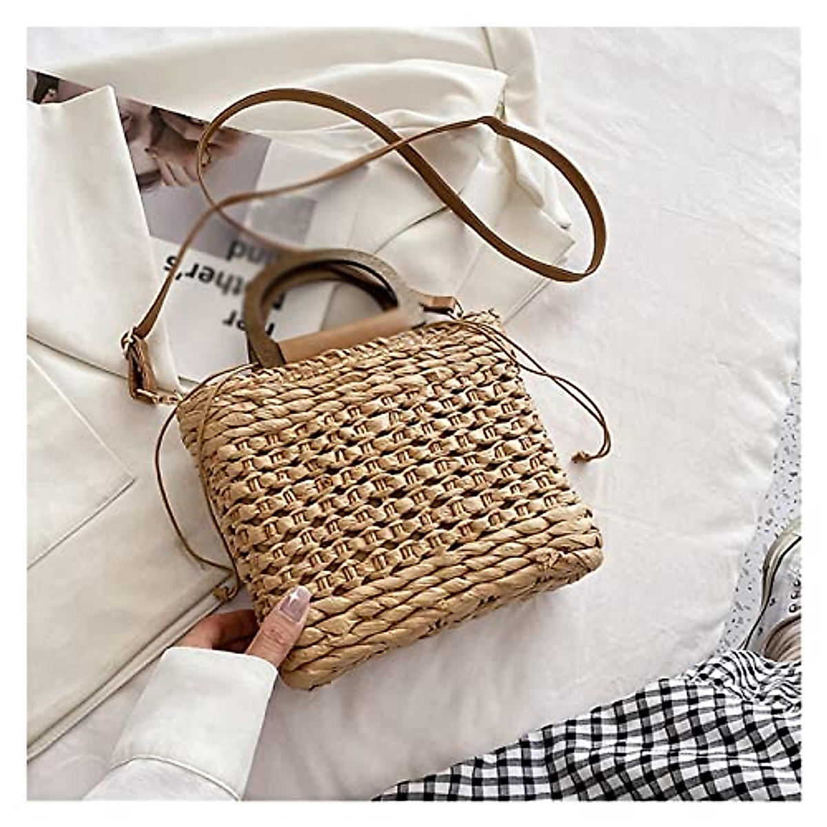 QUUL Summer Women Tote Bags Handbags Purses Weave Drawstring Closure Wooden Handle Beach Shoulder Bag