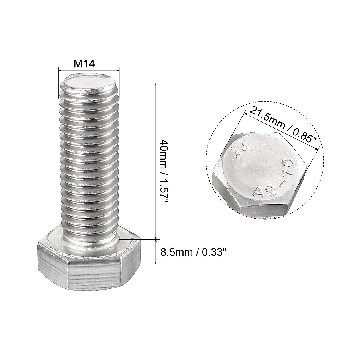 uxcell M14 Hex Bolt M14-2 x 40mm 304 Stainless Steel 4.8 Grade Fully Threaded Hexagonal Head Screw Bolts 4pcs